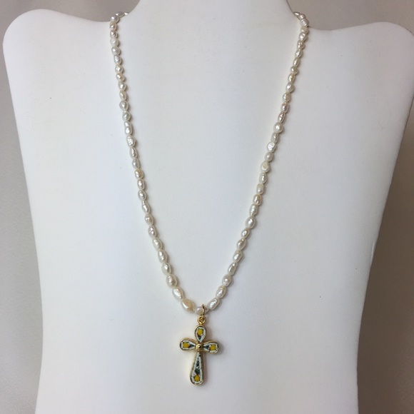 Jewelry | Freshwater Pearl Necklace W Mosaic Cross Pendant | Poshmark